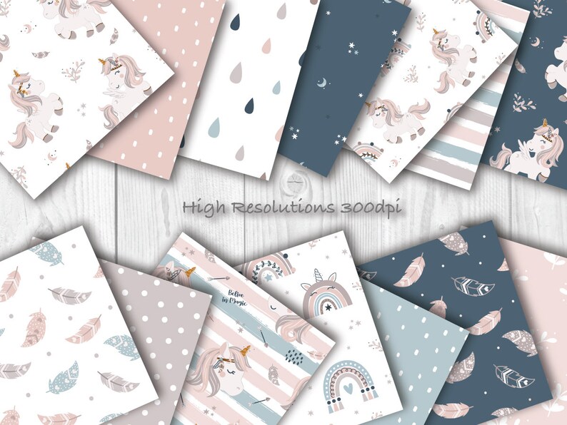 14 Boho Unicorn Digital Paper. Cute Unicorn Seamless Pattern Set ...