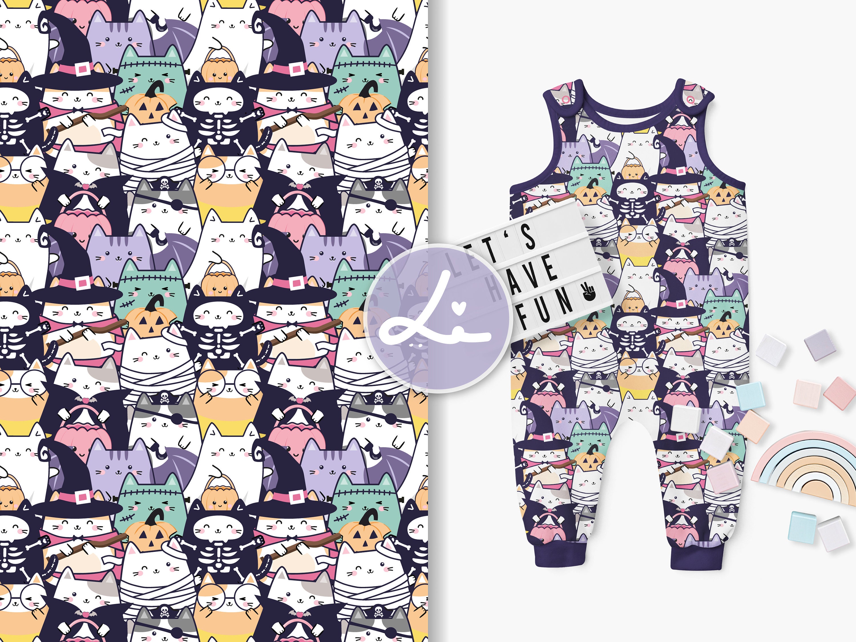 16 Digital Papers Halloween Kawaii Cute Cats Seamless Pattern, Pastel ...