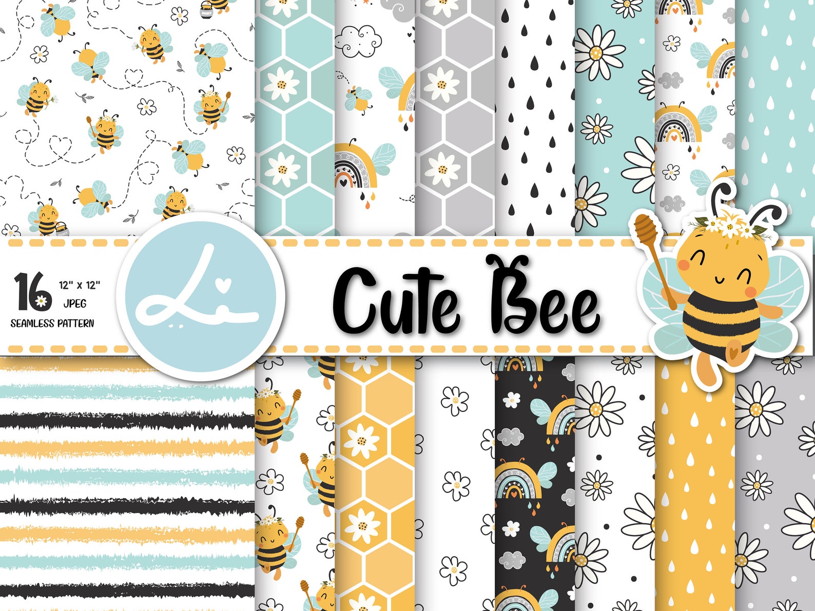 16 Cute Bees Digital Papers. Cute Bees Seamless Pattern Set. Summer ...