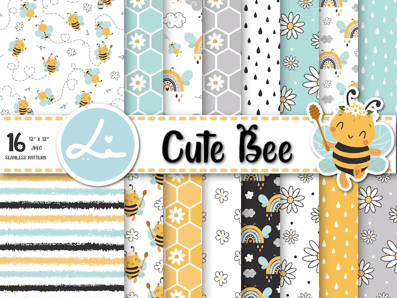 16 Cute Bees Digital Papers. Cute Bees Seamless Pattern Set. Summer ...