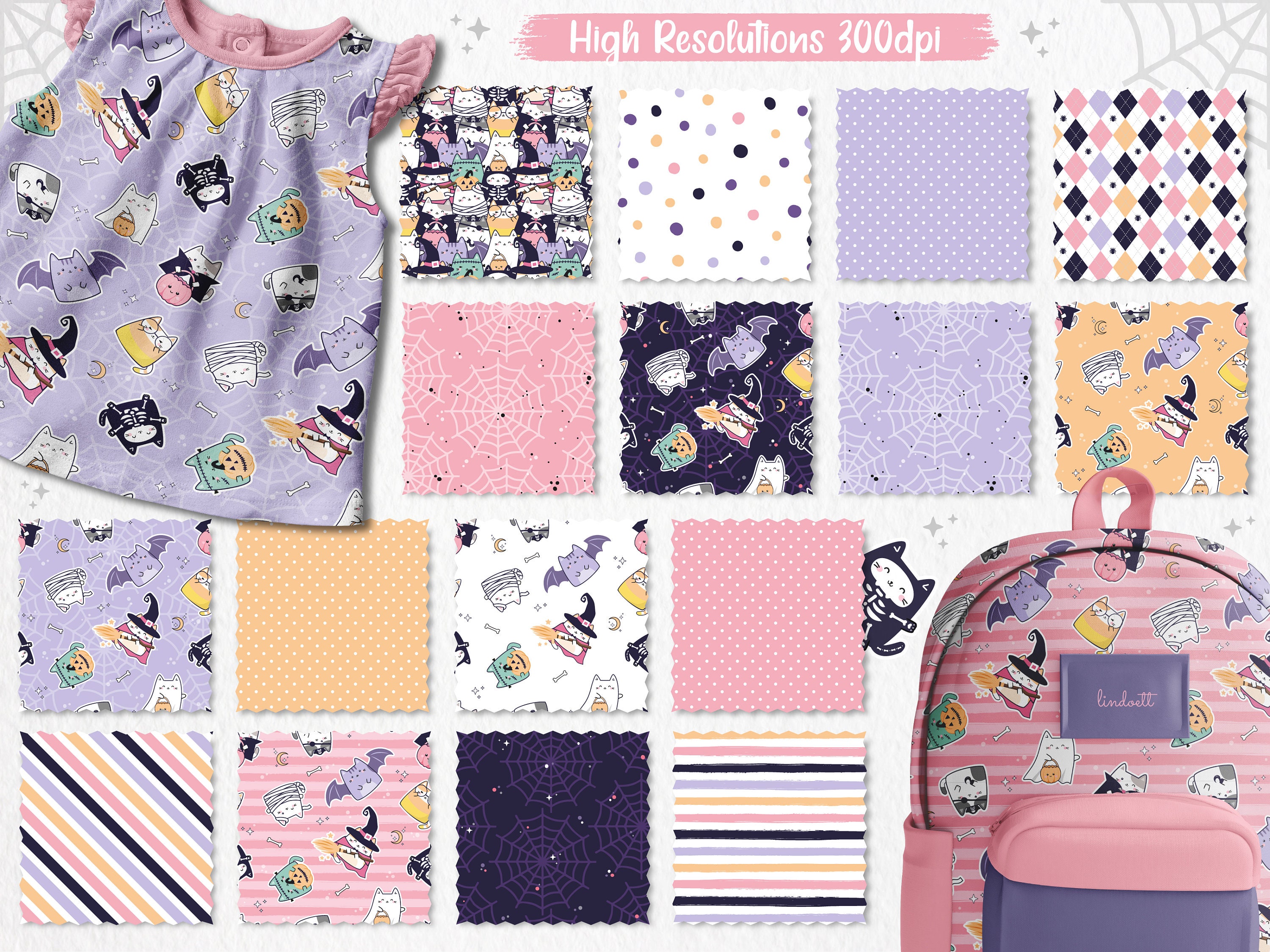 16 Digital Papers Halloween Kawaii Cute Cats Seamless Pattern, Pastel ...