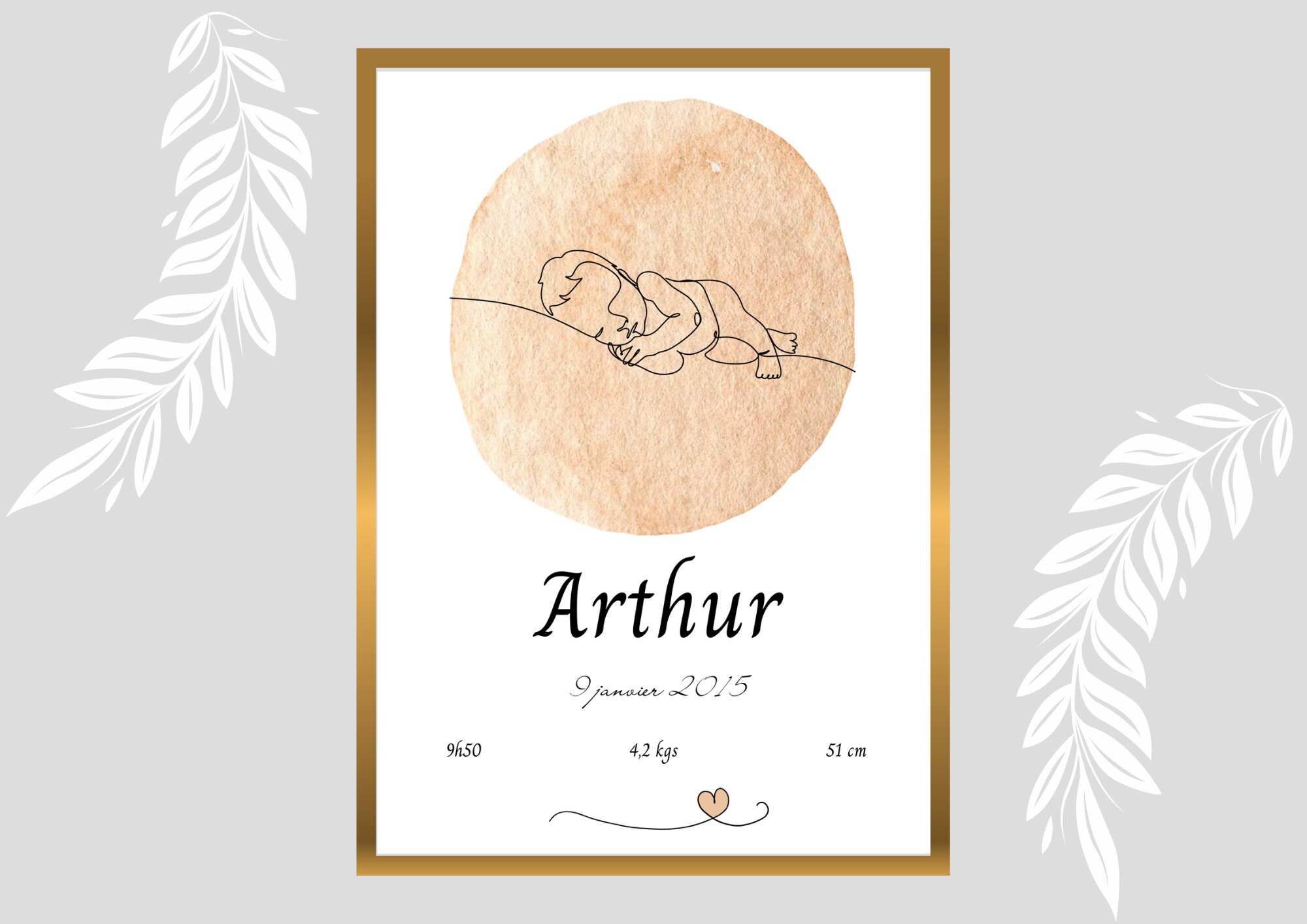 Birth Poster Sleeping Baby Line Art and Beige Watercolor | Etsy