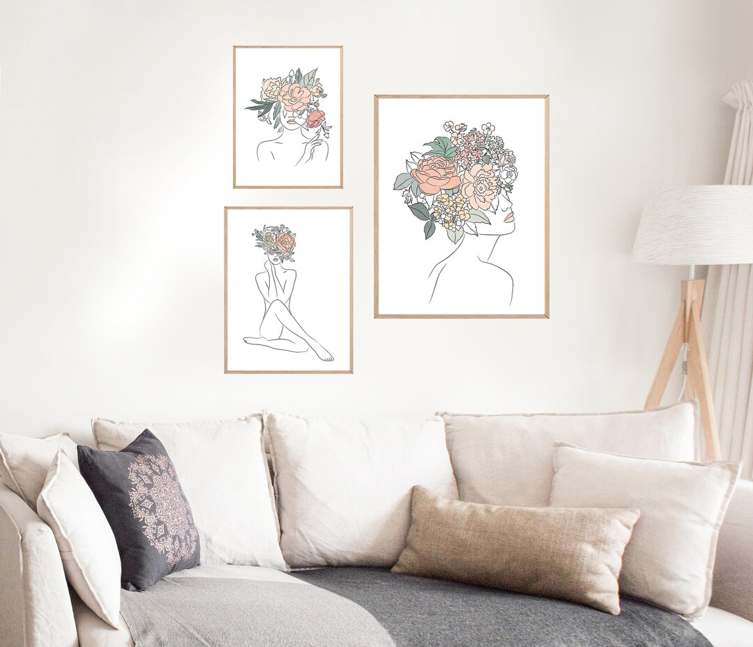 Woman Line Art Set of 3 Prints, Modern Line Art Woman Gallery, Flowers ...