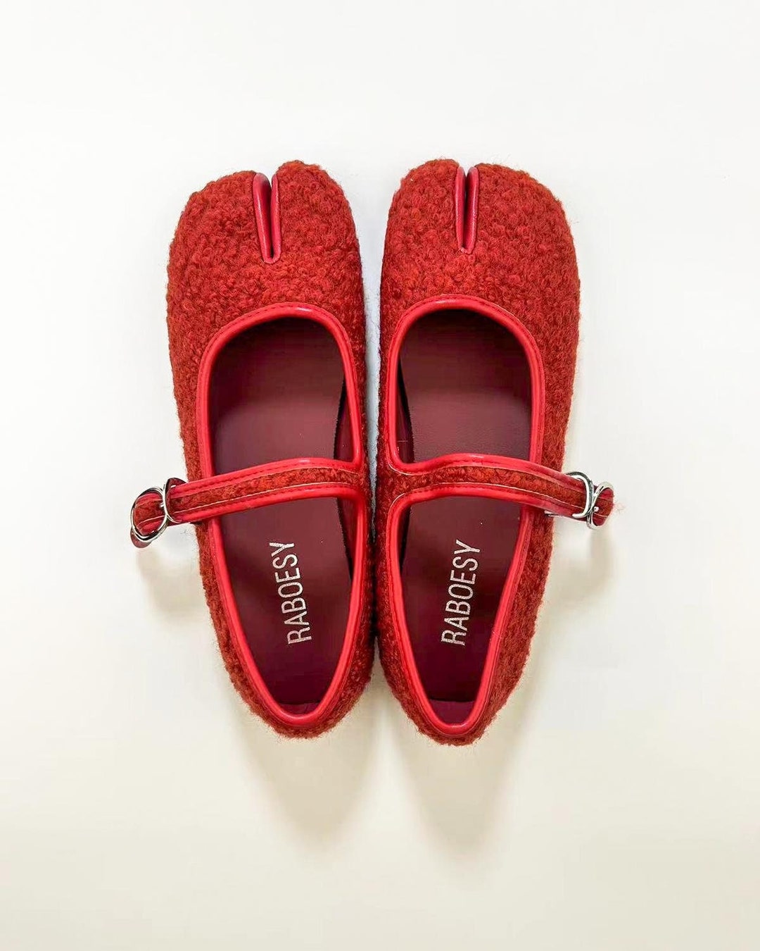 Women Furry Fabric Split Toe Tabi Ballet Flats | Faux Plush Red Gray ...