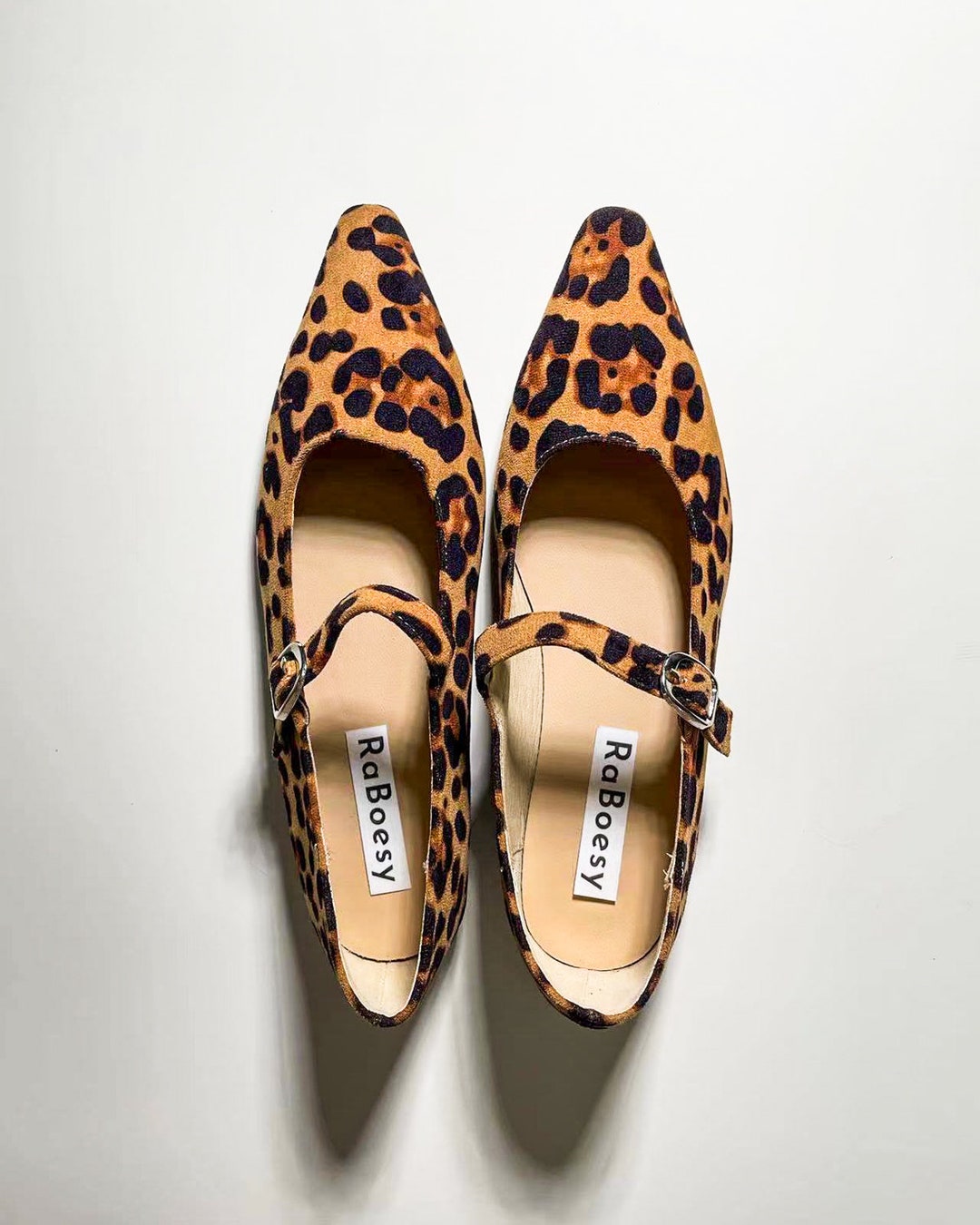 Leopard Print Pointed Toe Mary Jane Flats Women Retro Adjustable Strap ...