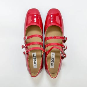 Women Retro Style Round Toe Three Straps Mary Jane Heels | Classic Red ...