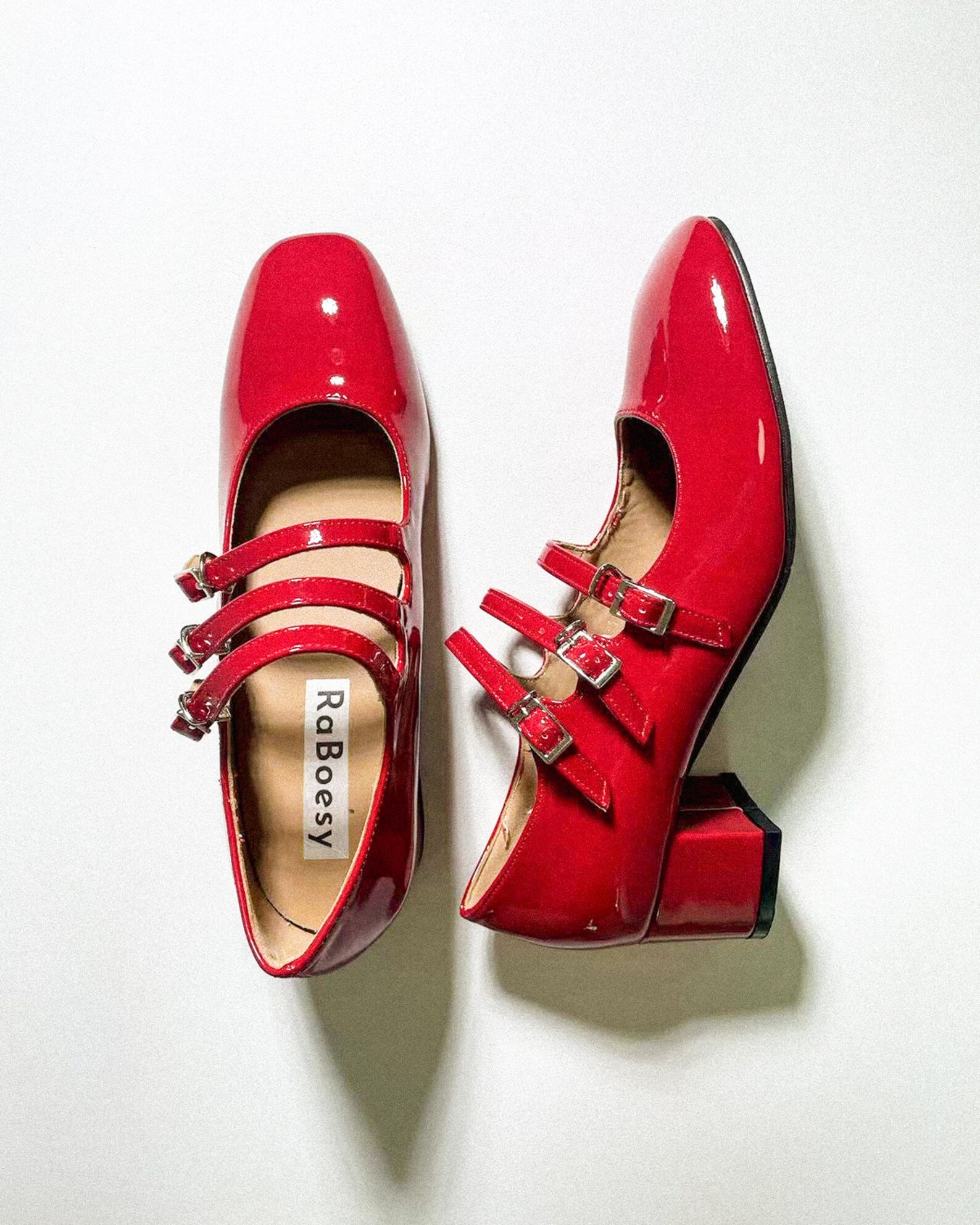 Women Retro Style Round Toe Three Straps Mary Jane Heels Classic Red ...