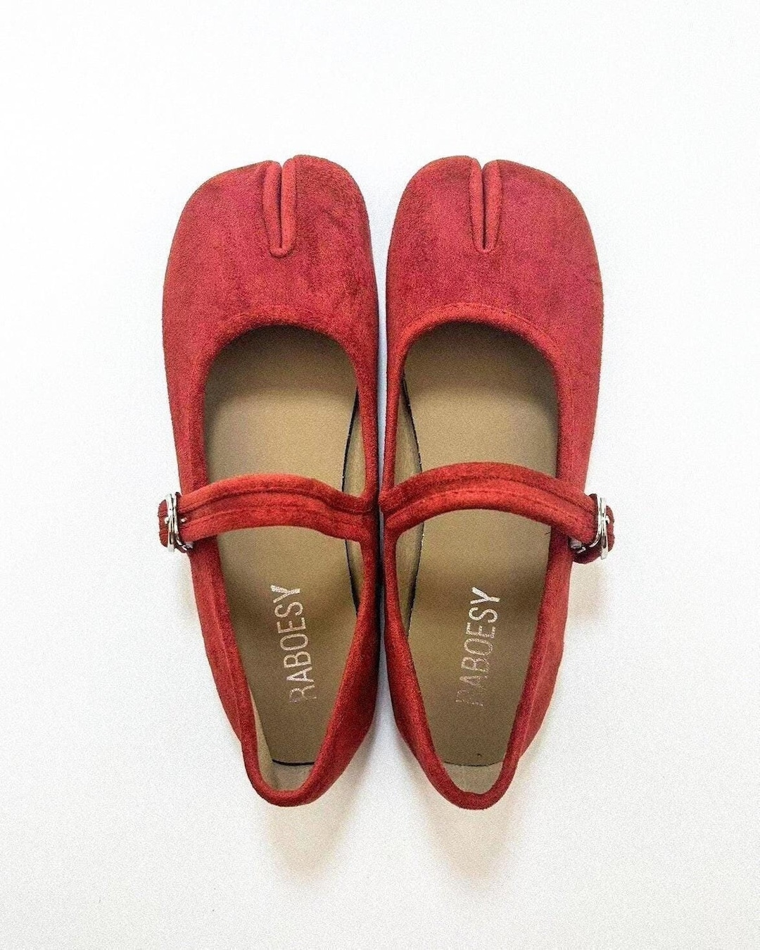 Suede Leather Retro Tabi Flats | Split Toe Ballerina | Vintage Red ...