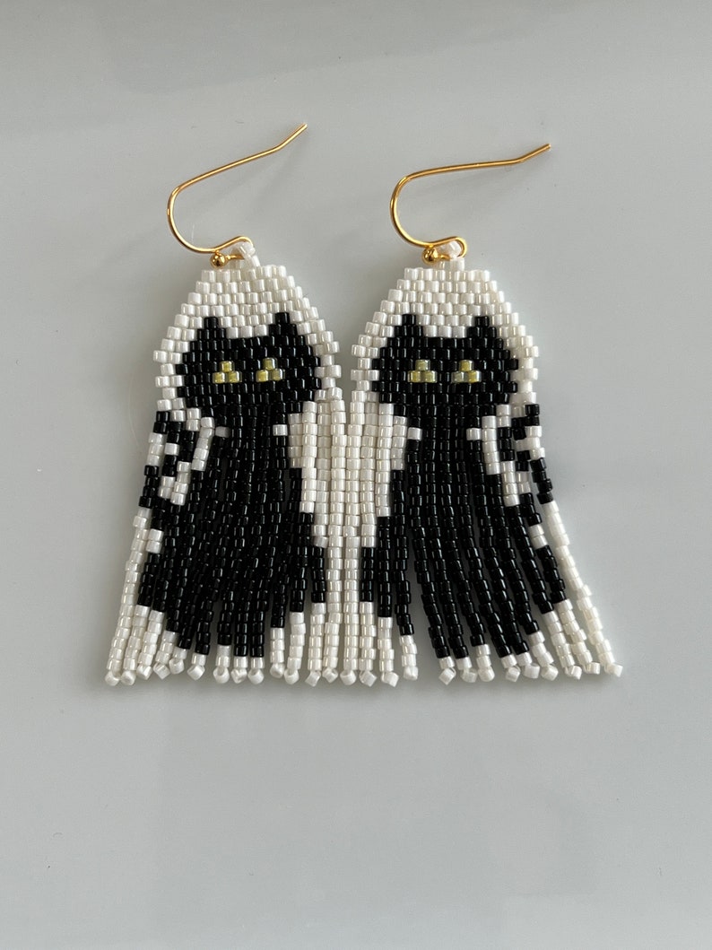 Black Cat W/ Yellow Eyes, Shimmery Cream Beaded Fringe Earrings ...