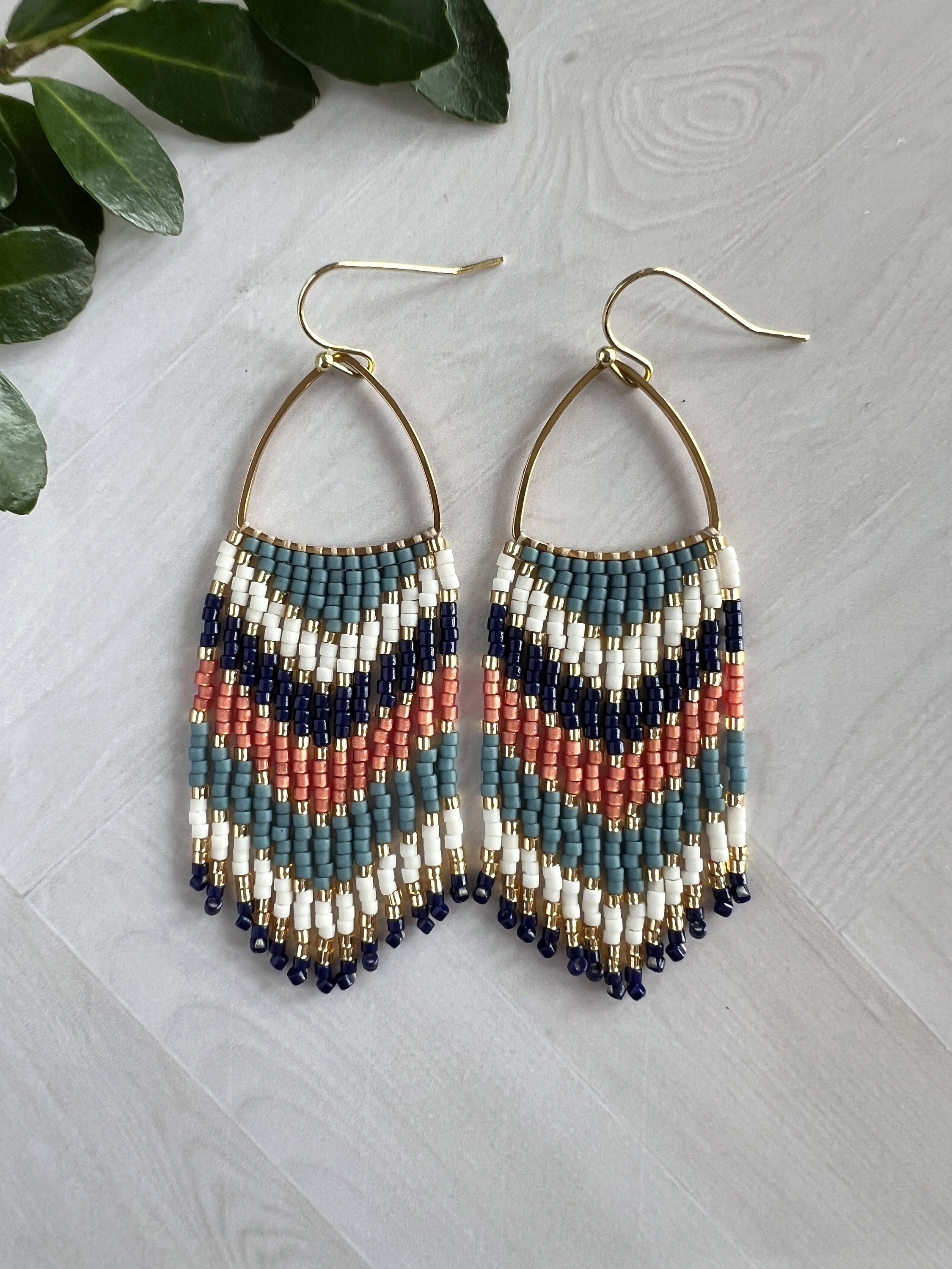 Seed Bead Dangle Fringe Earrings - Geometric Multicolor Pattern of ...
