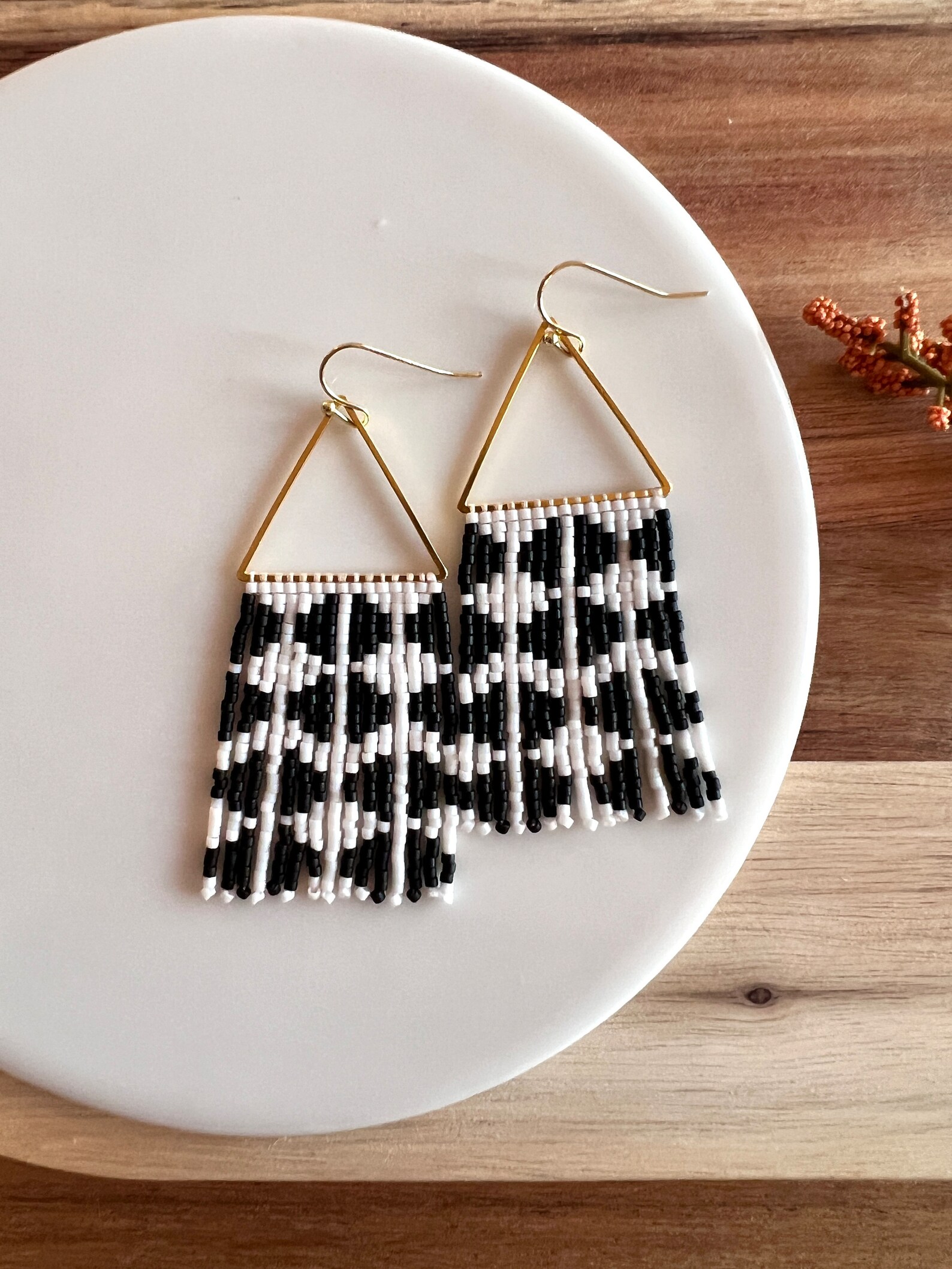 Black and White Seed Bead Dangle Fringe Earrings on Gold Plated ...