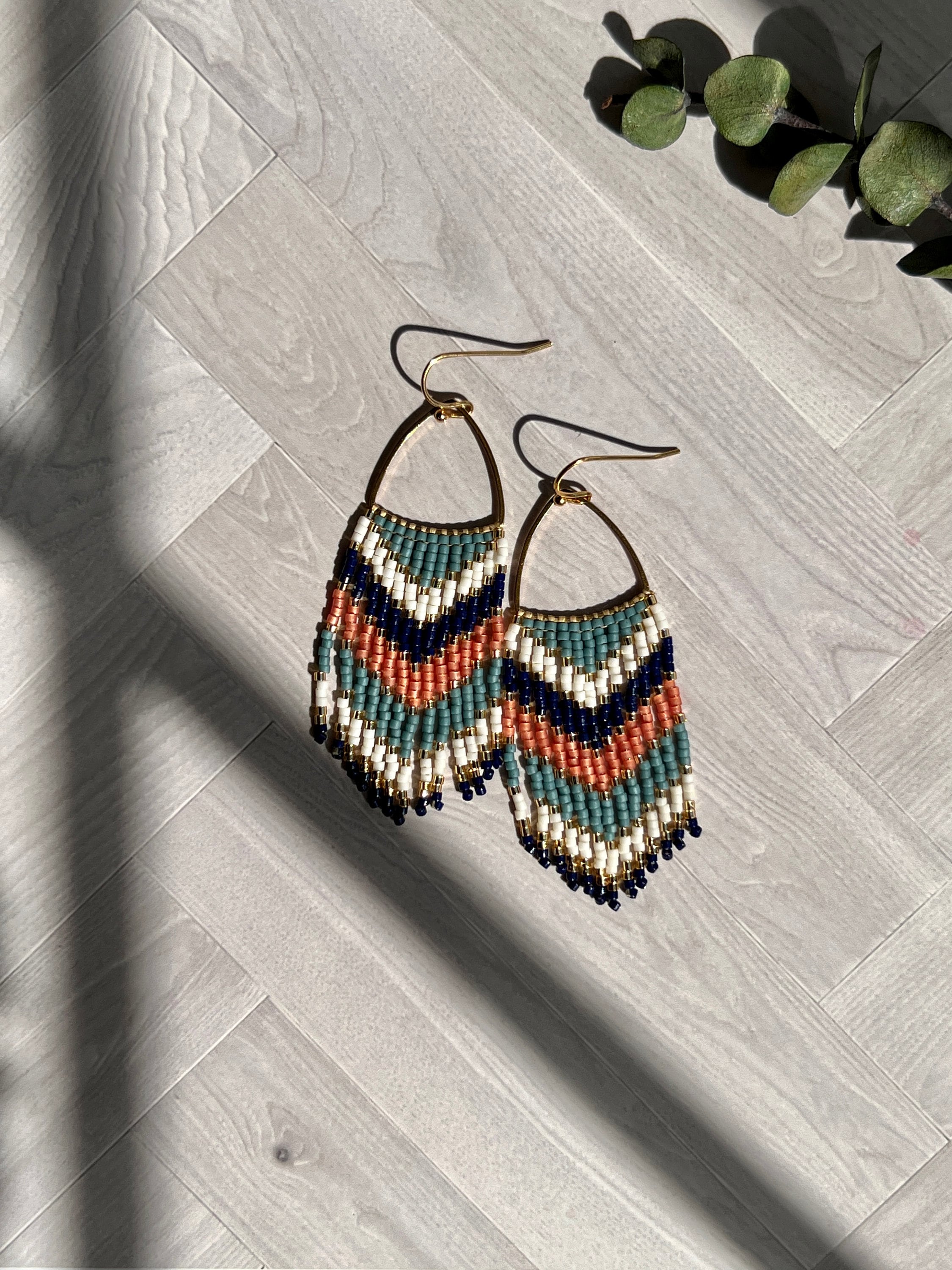 Seed Bead Dangle Fringe Earrings - Geometric Multicolor Pattern of ...