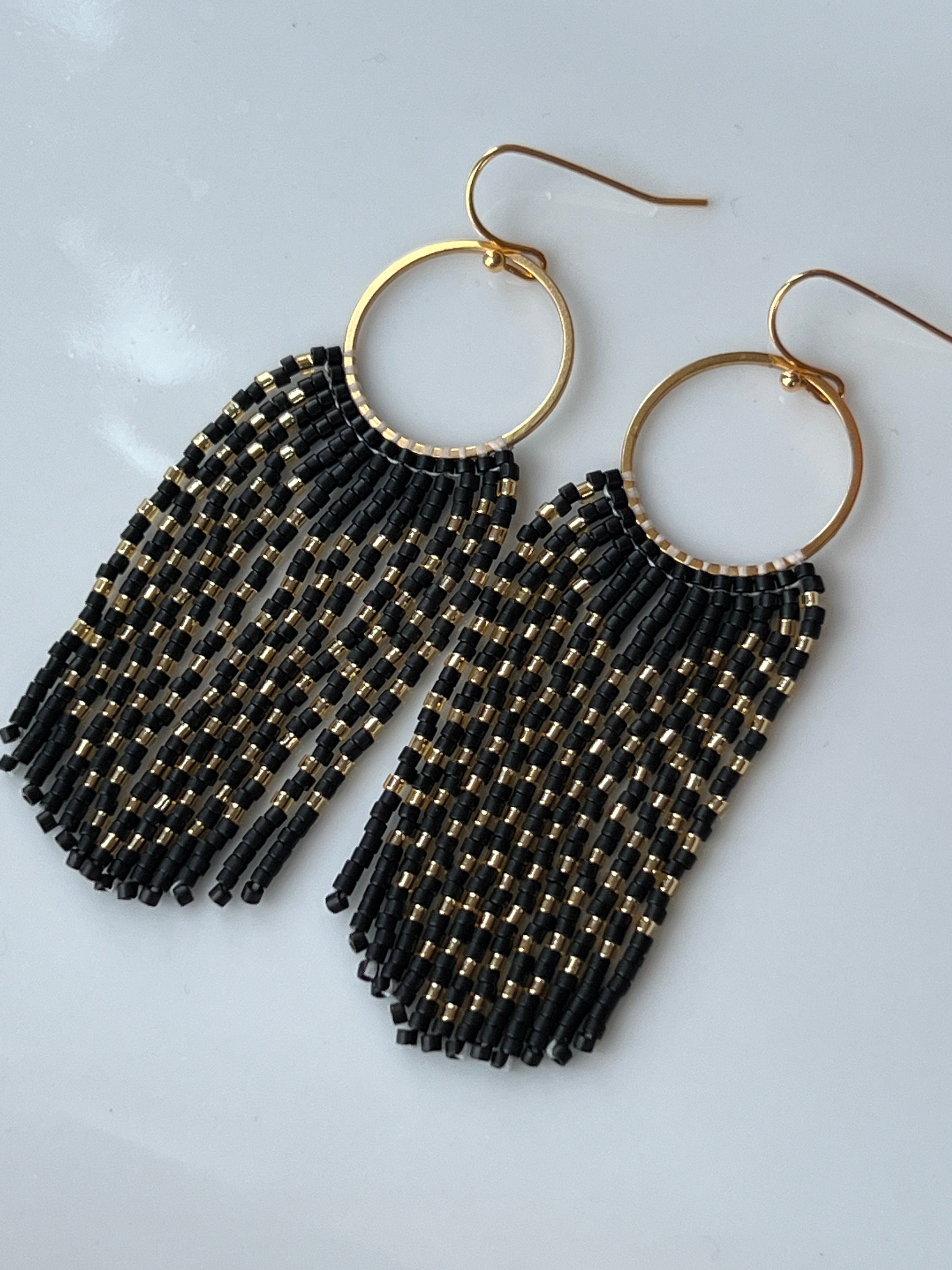 Matte Black and Gold Seed Bead Dangle Fringe Earrings on Gold Plated ...