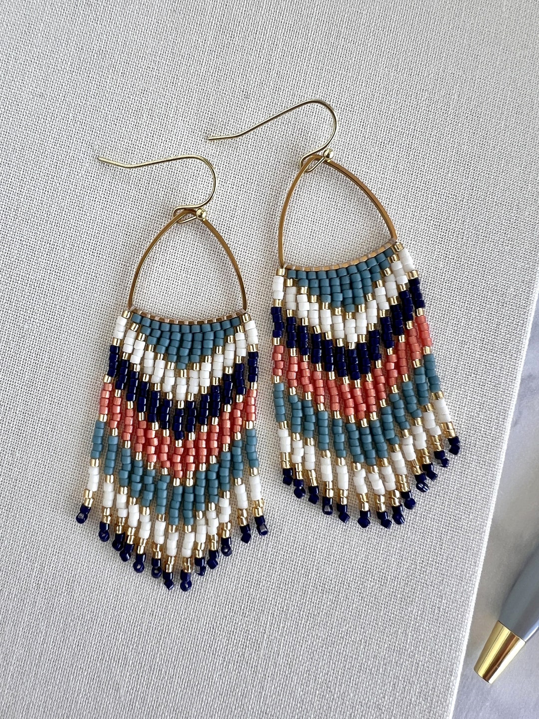 Seed Bead Dangle Fringe Earrings - Geometric Multicolor Pattern of ...