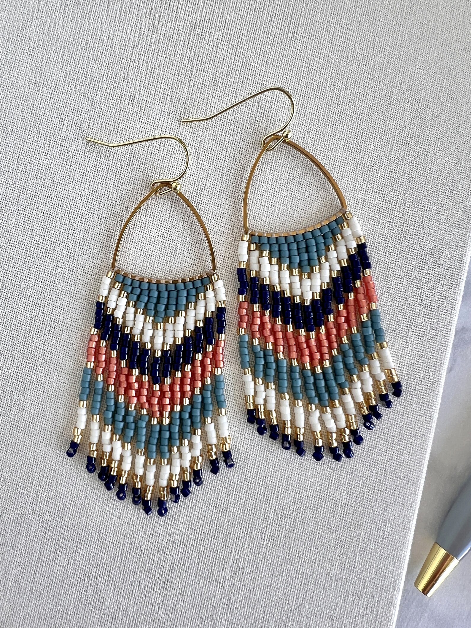 Seed Bead Dangle Fringe Earrings - Geometric Multicolor Pattern of ...