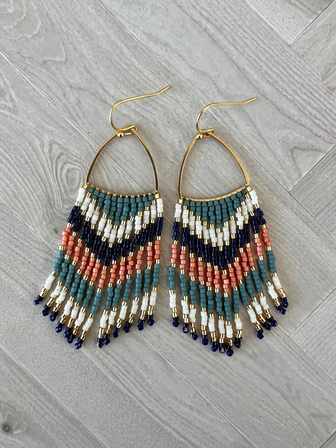 Seed Bead Dangle Fringe Earrings Geometric Multicolor Pattern of Cream ...