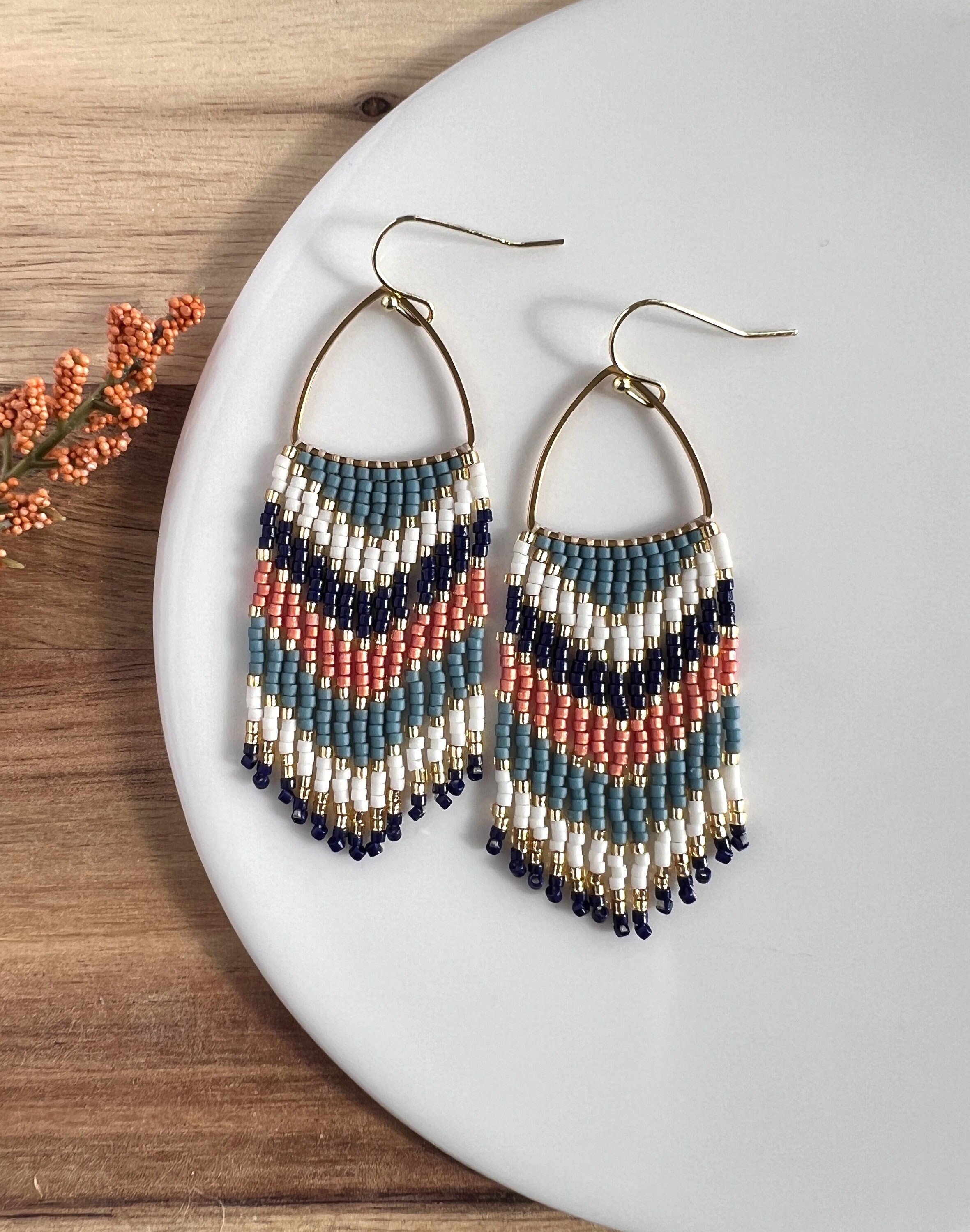 Seed Bead Dangle Fringe Earrings - Geometric Multicolor Pattern of ...