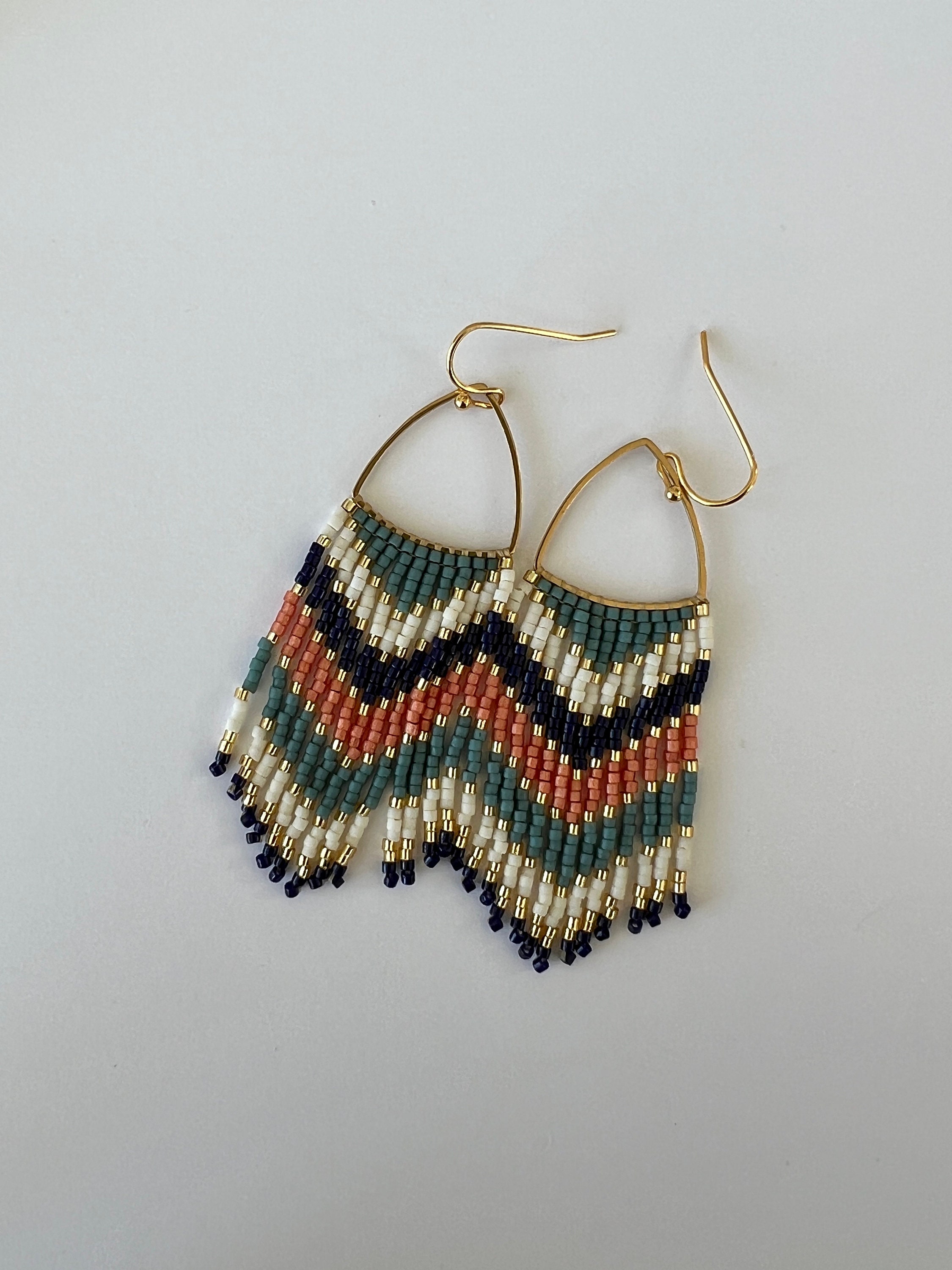 Seed Bead Dangle Fringe Earrings Geometric Multicolor Pattern of Cream ...