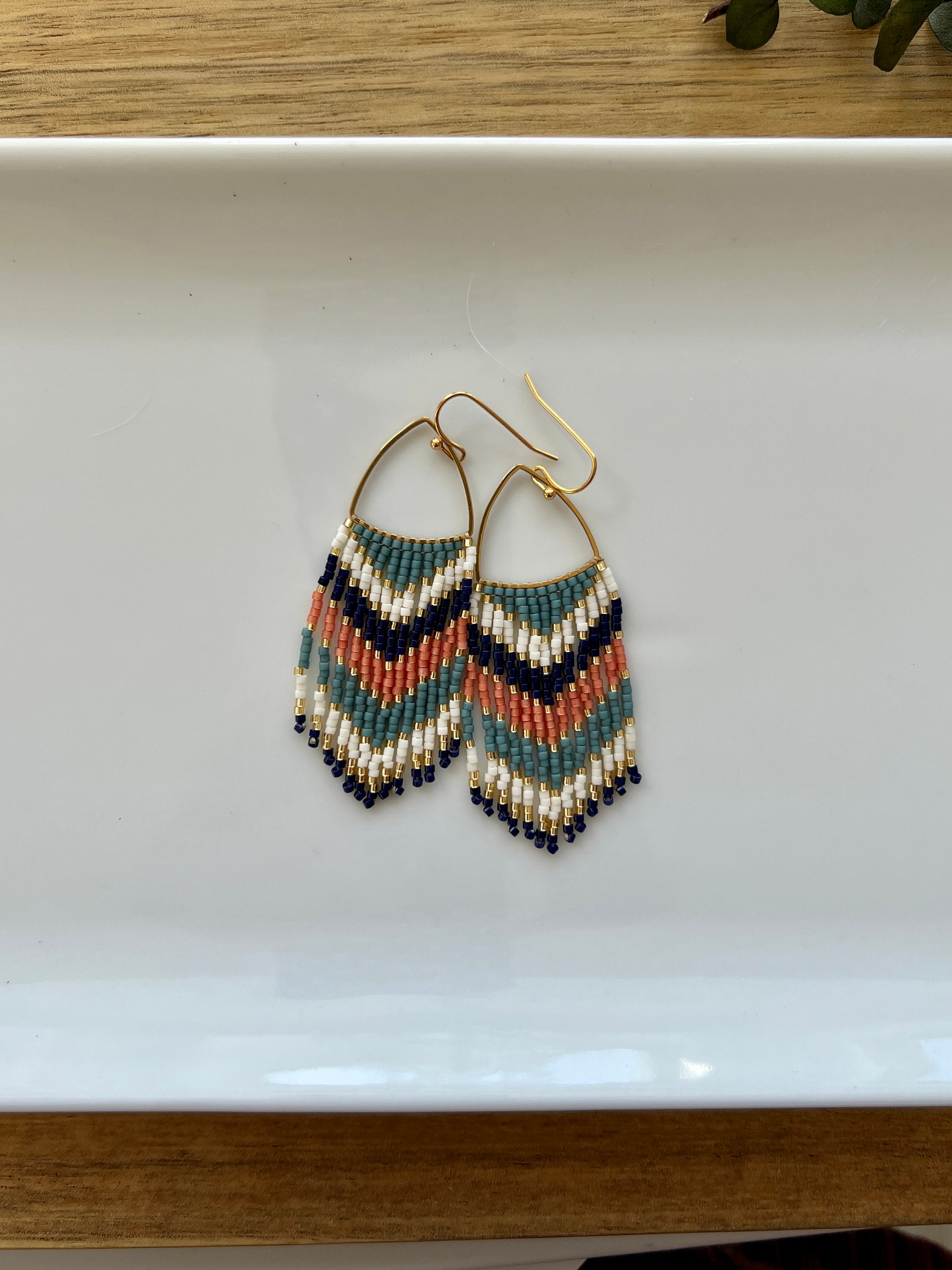 Seed Bead Dangle Fringe Earrings - Geometric Multicolor Pattern of ...