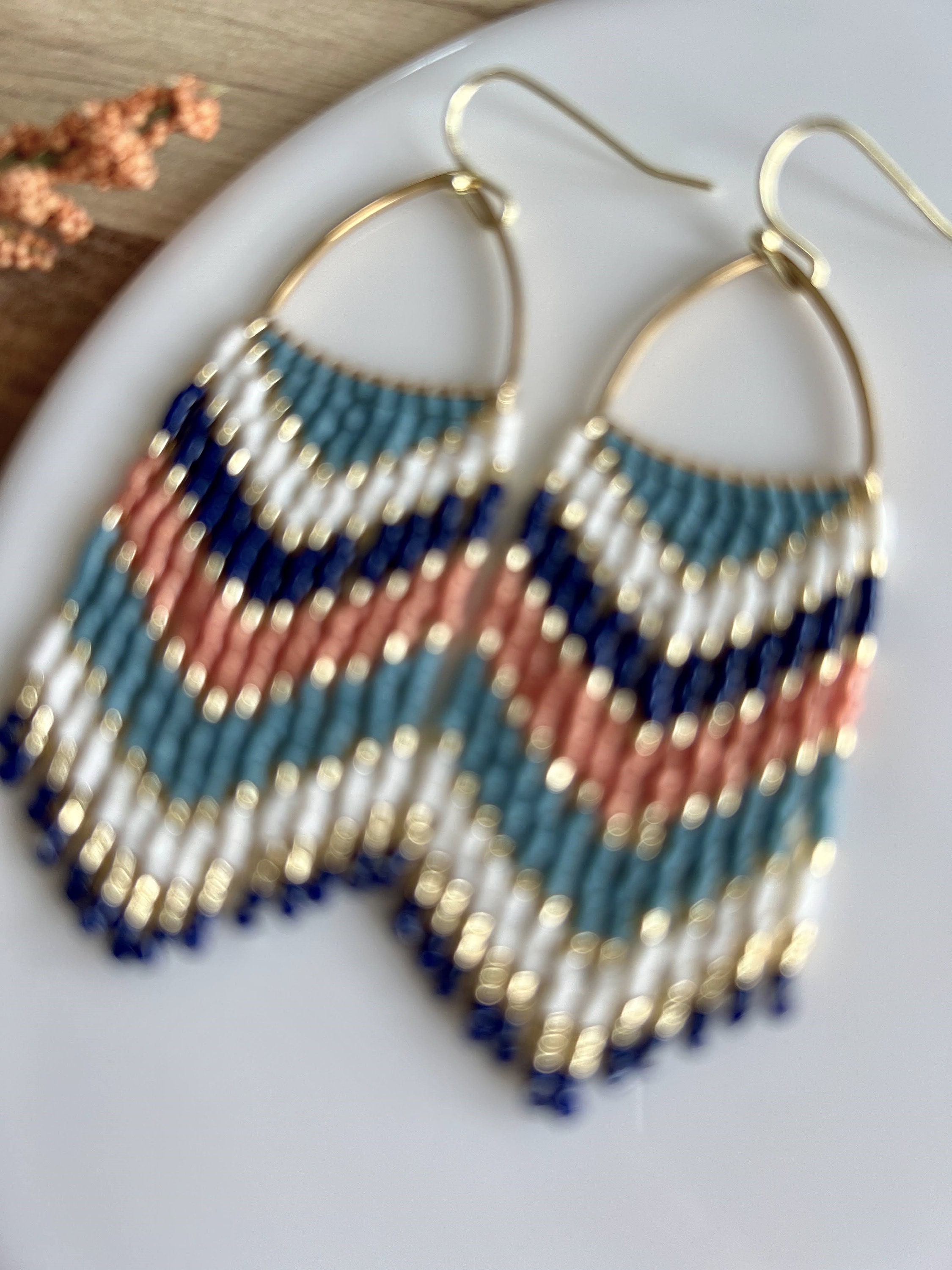 Seed Bead Dangle Fringe Earrings - Geometric Multicolor Pattern of ...