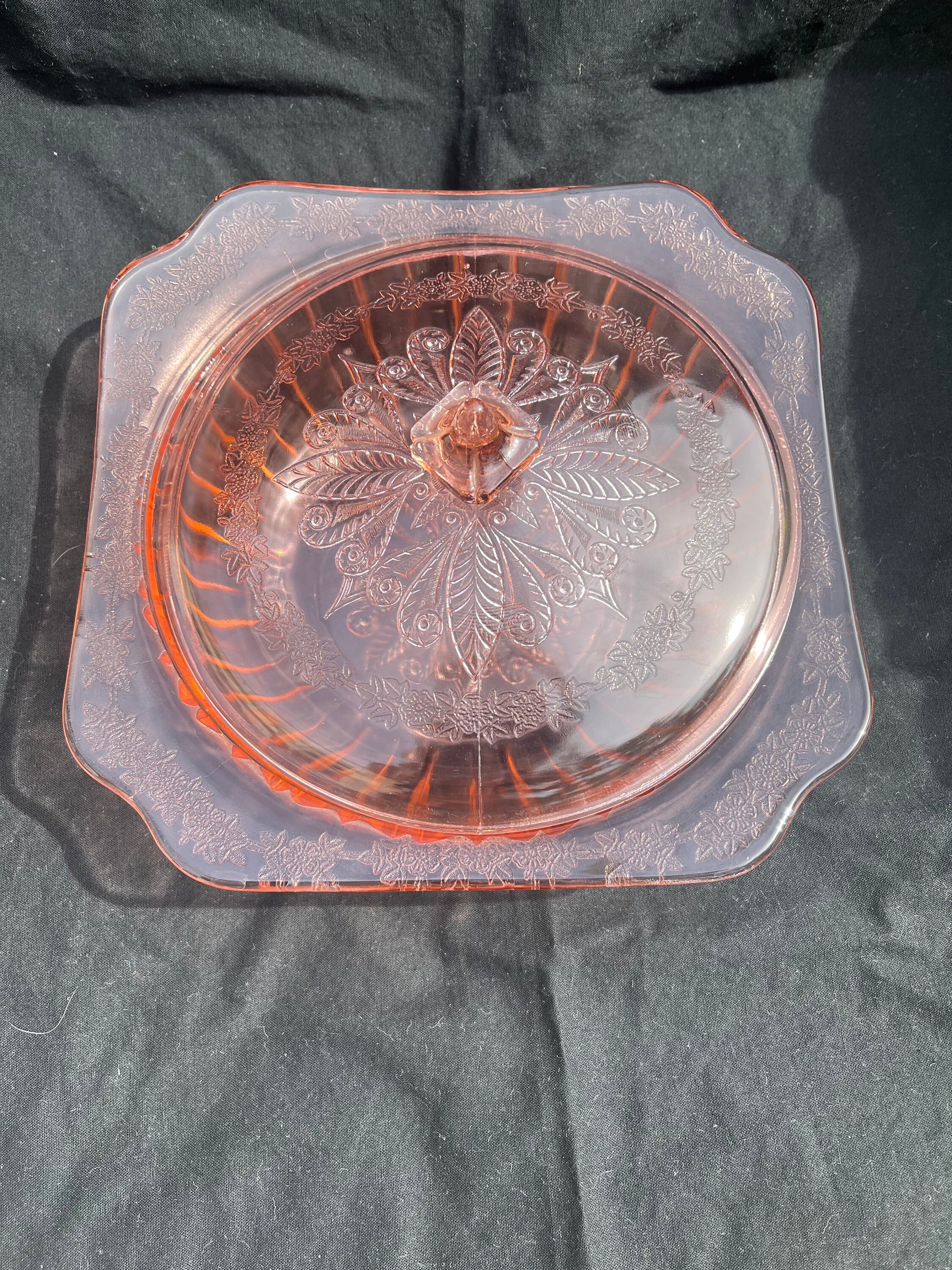 Vintage Depression Glass Pink Square Covered Bowl Jeanette Adam Pattern ...