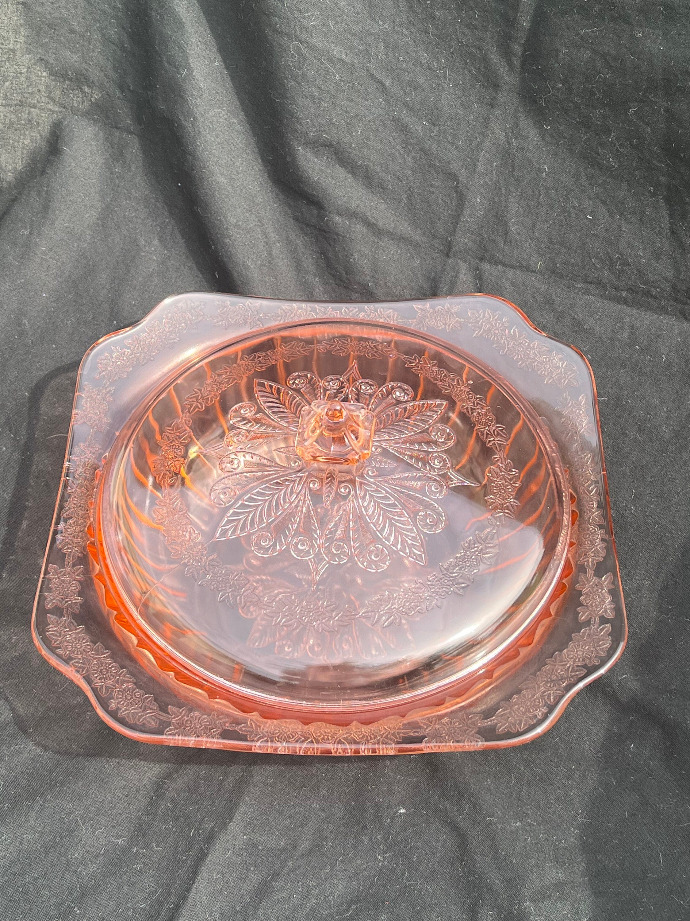 Vintage Depression Glass Pink Square Covered Bowl Jeanette Adam Pattern ...