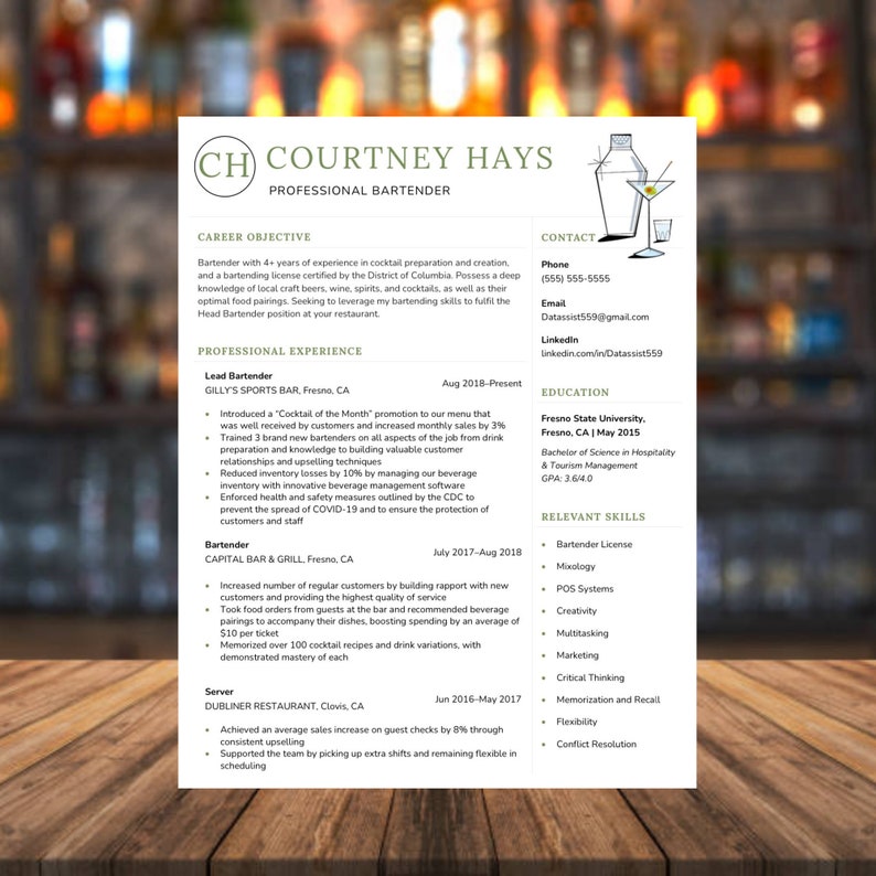 Bartender Resume Template Guide 5 Colors Prefilled Examples - Etsy