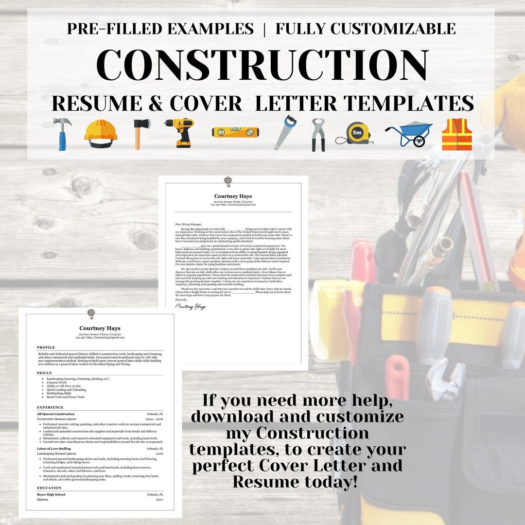 Construction Resume and Cover Letter Customizable Templates With ...