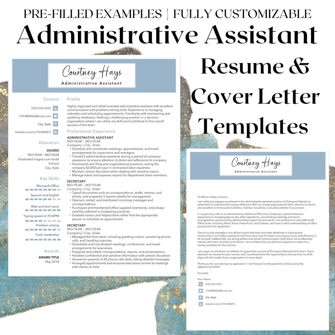 Administrative Assistant Resume and Cover Letter Templates Prefilled ...
