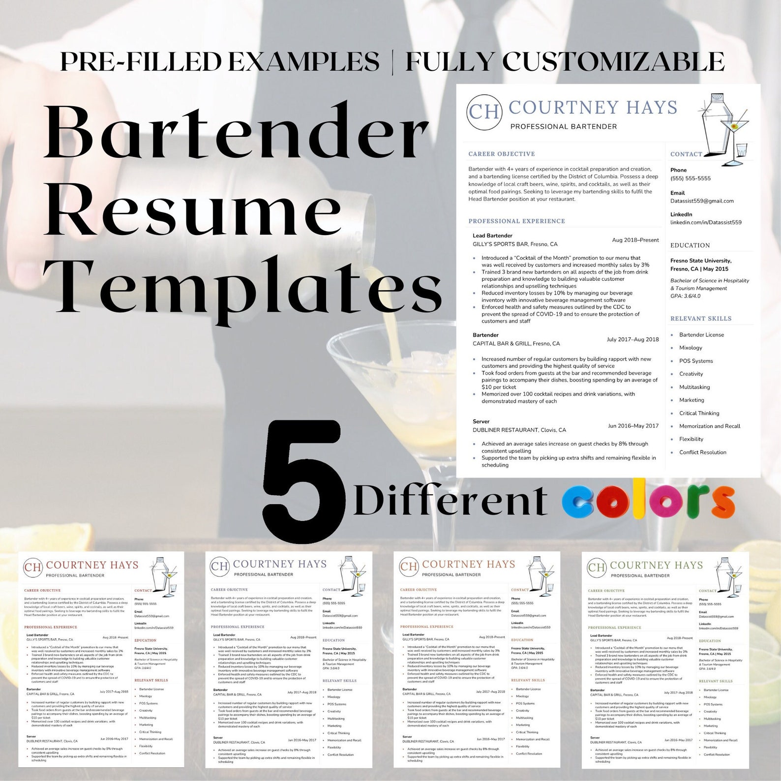 Bartender Resume Template Guide 5 Colors Prefilled Examples - Etsy