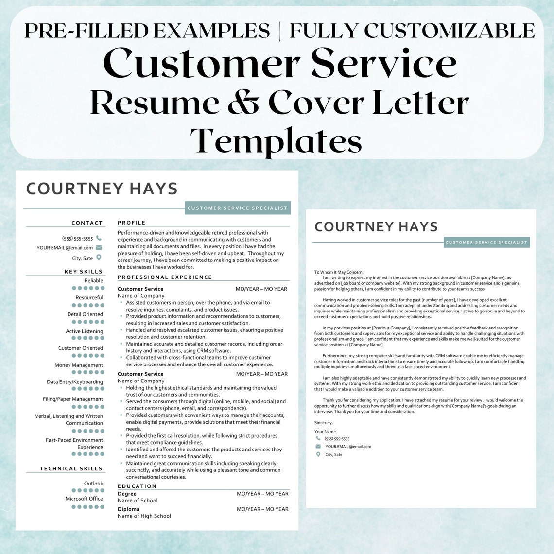 Customer Service Resume and Cover Letter Word Document Templates Pre ...