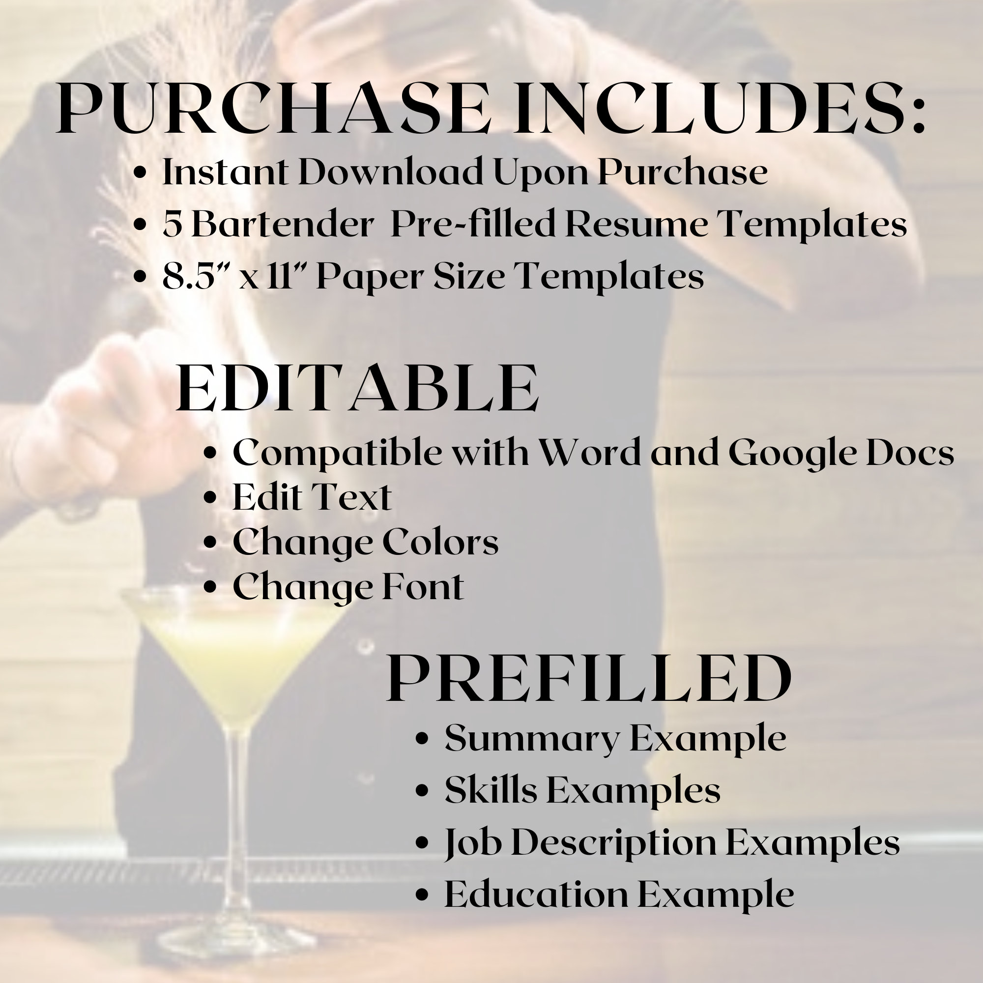 Bartender Resume Template Guide 5 Colors Prefilled Examples ...