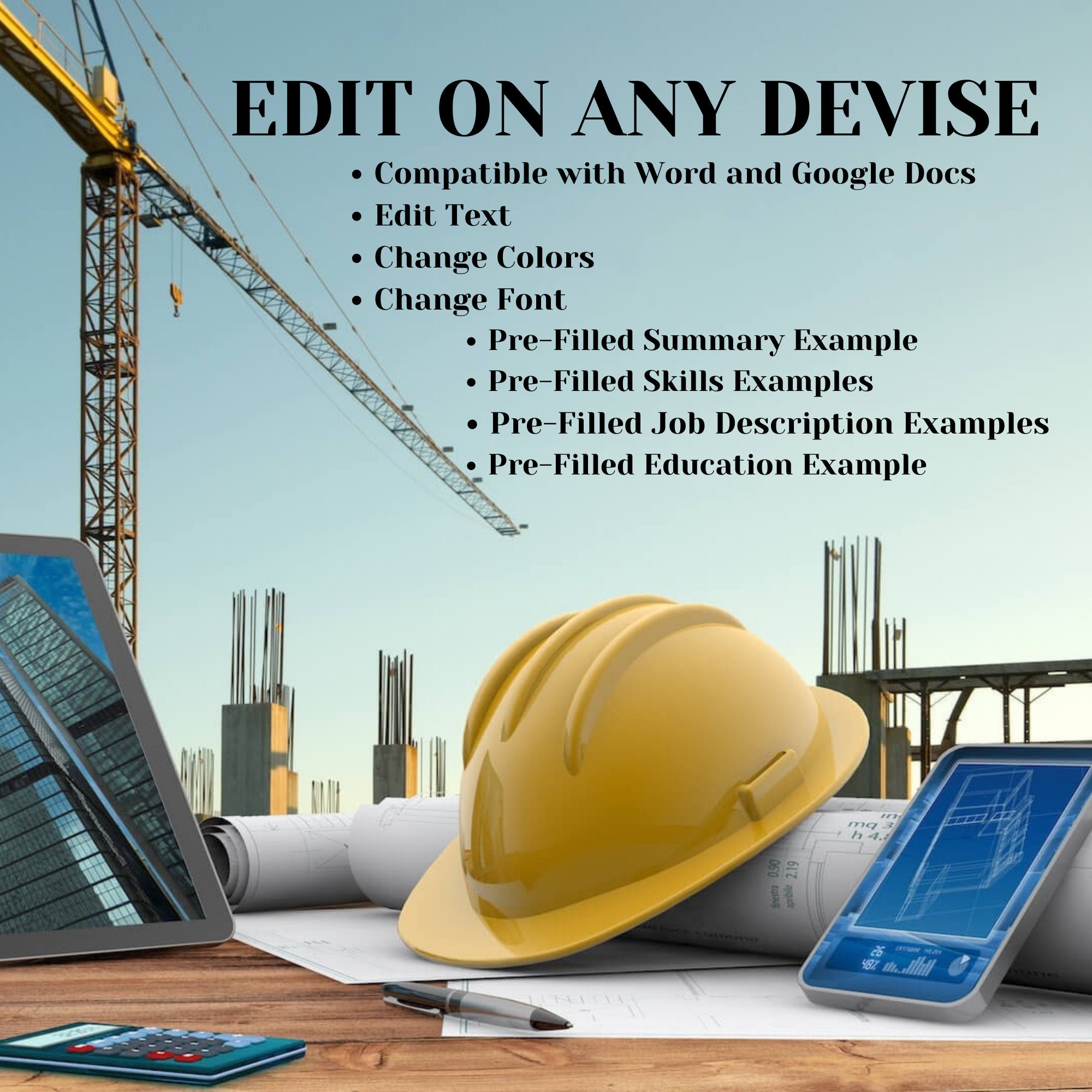 Construction Resume and Cover Letter Customizable Templates With ...