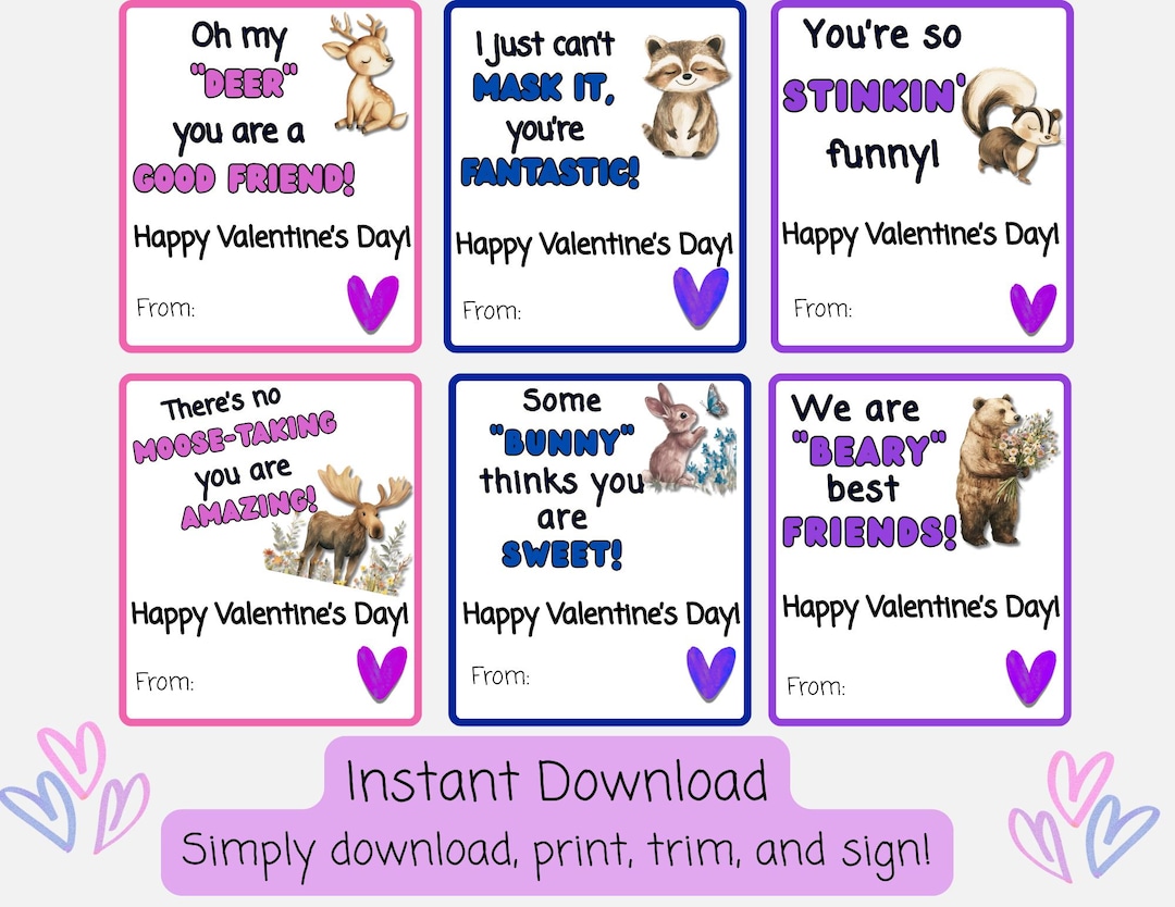 Kid's Valentine Day Cards Animal Themed, Woodland, Animal Cute ...