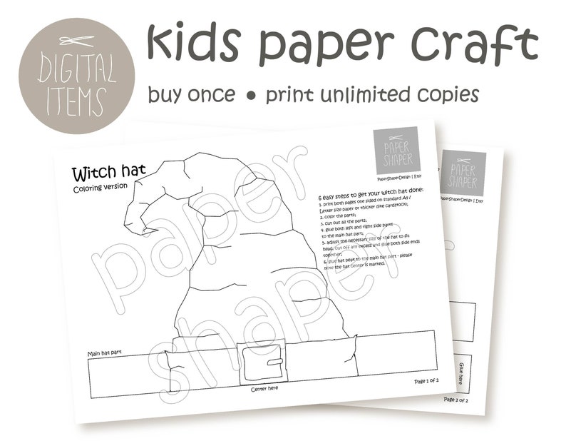 Printable Coloring Witch Paper Hat Halloween Accessory Kids Craft Pdf ...