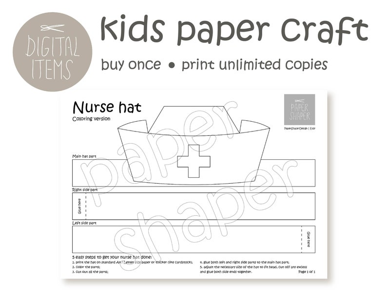 Printable Coloring Nurse Paper Hat Kids Party Craft Pdf Doctor Costume ...