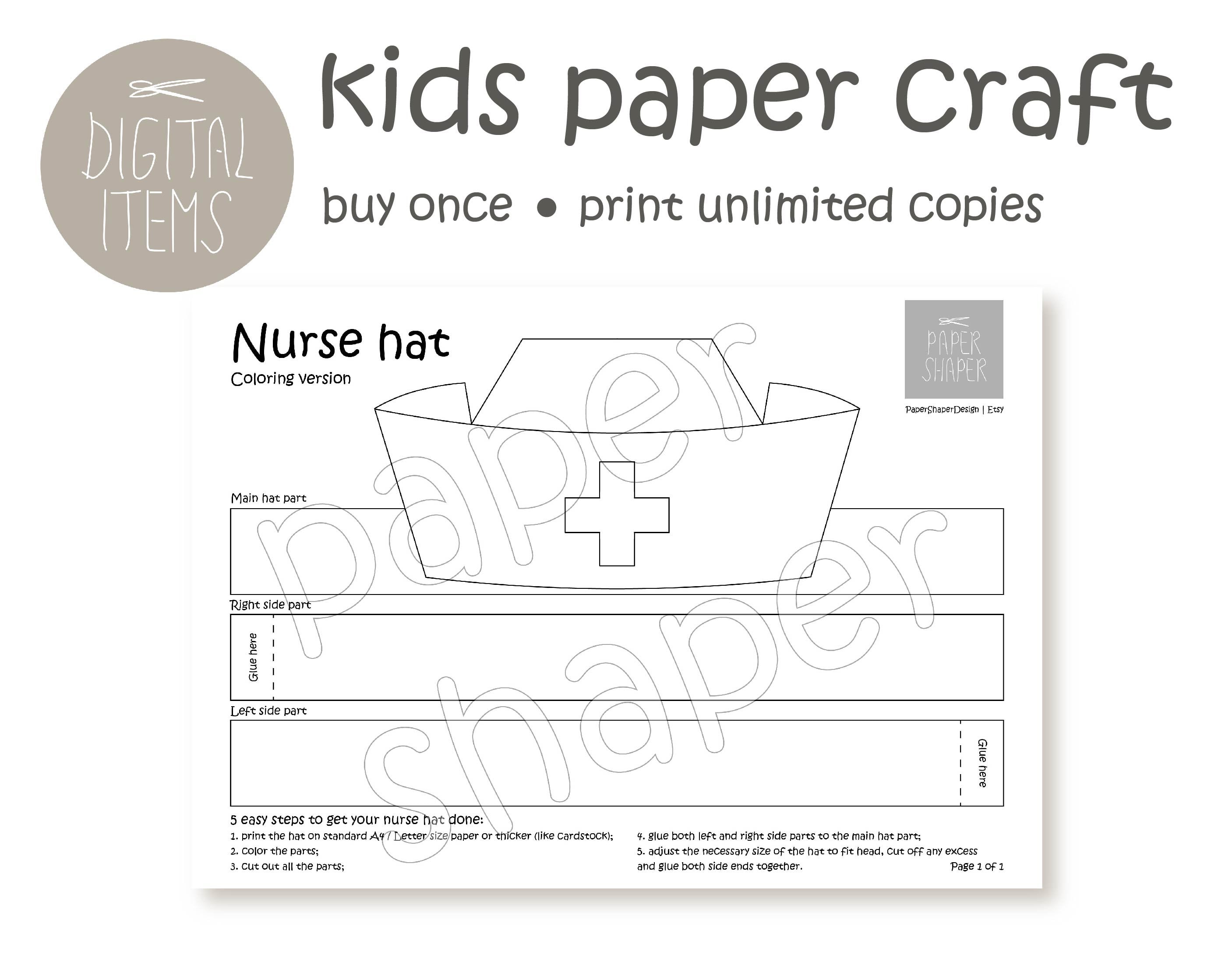 Printable Coloring Nurse Paper Hat Kids Party Craft Pdf Doctor Costume ...