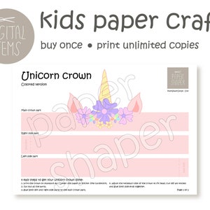 Printable Unicorn Paper Crown Colored Pdf Kids Party Favor Pink Yellow ...