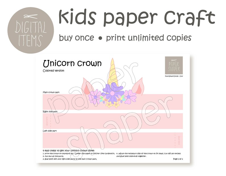 Printable Unicorn Paper Crown Colored Pdf Kids Party Favor Pink Yellow ...