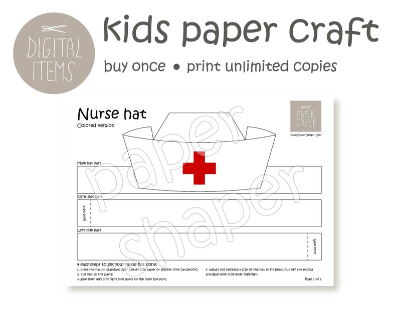 Printable Colored Nurse Paper Hat Kids Party Craft Doctor Costume Pdf ...