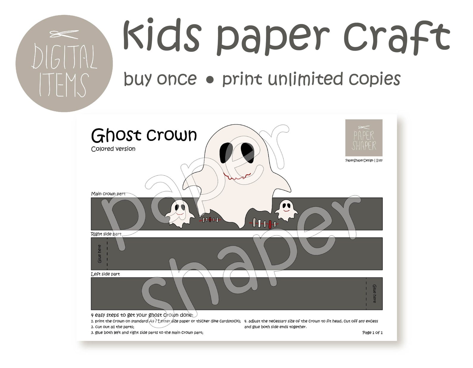 Printable Colored Ghost Paper Crown Halloween Costume Kids Craft Pdf ...