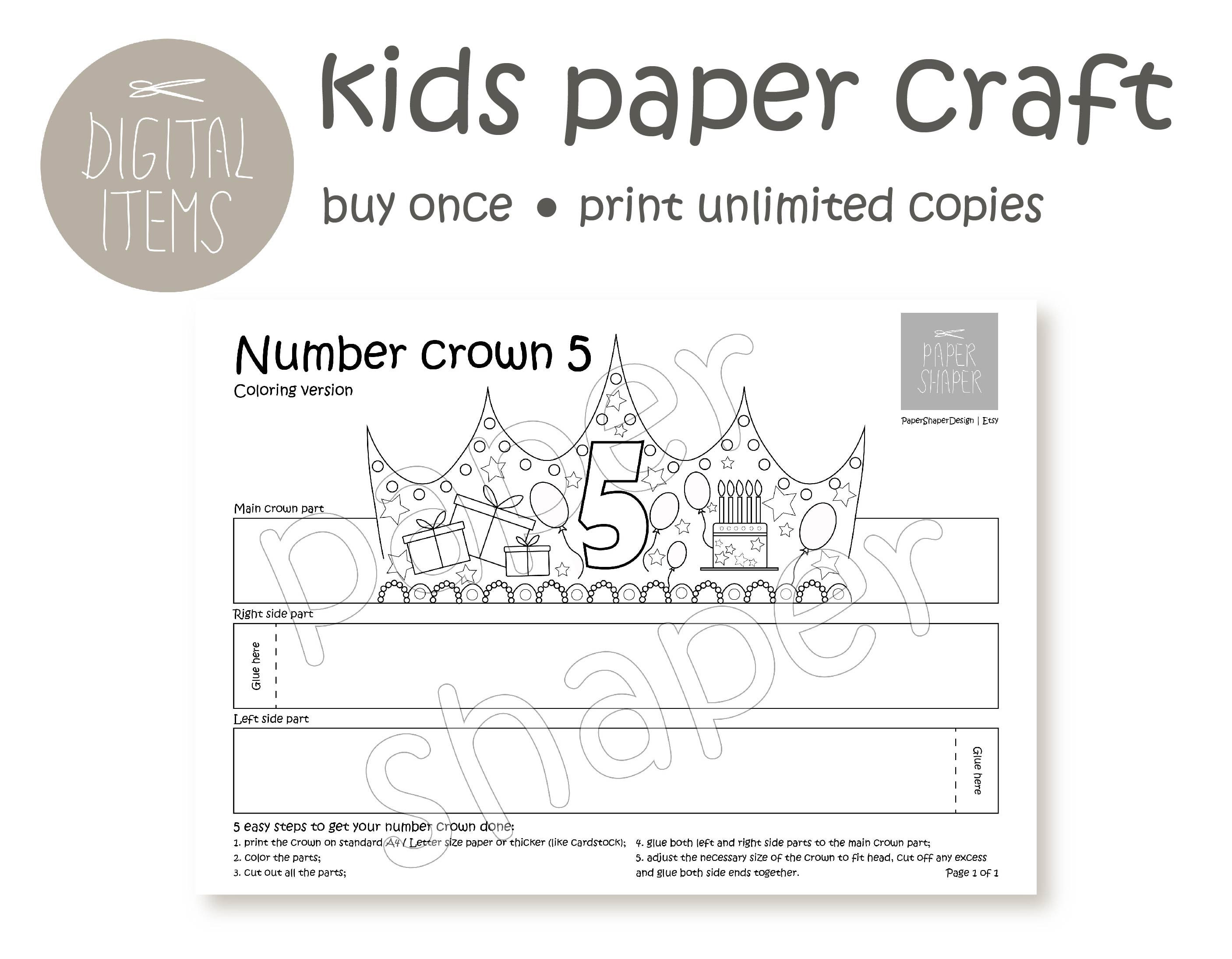 Printable Birthday Number Paper Crown 5th Birthday Decoration Coloring ...