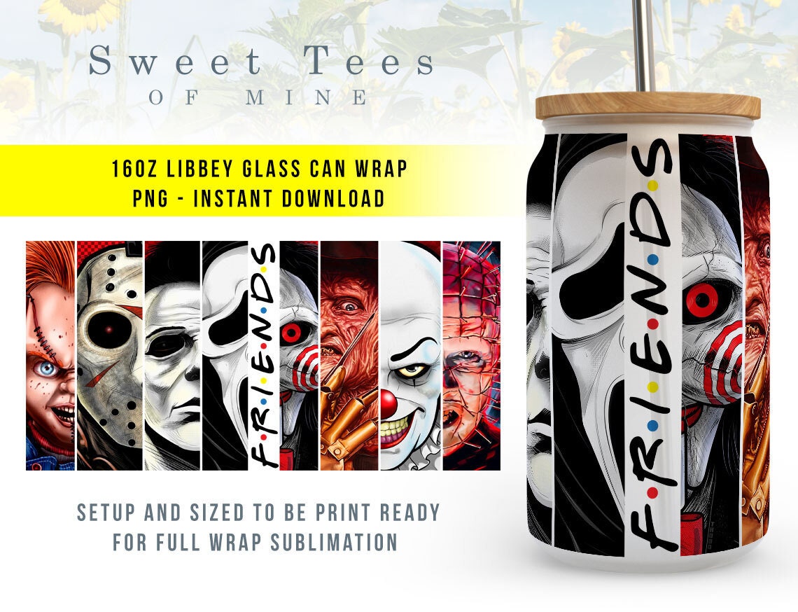 Horror Movie Icons 16 Oz Glass Can Wrap PNG | Halloween Libbey Glass ...