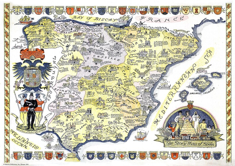Spain 1935 Map Download - Large Map of Spain Wall Art Decor Vintage ...