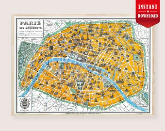 Old Paris France Map 1871 Vintage Parisian Monuments & Landmarks Atlas ...