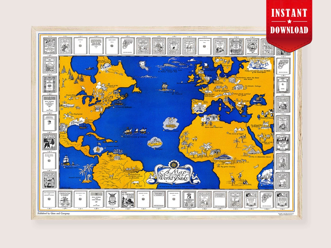 World Map of Books Download - Retro Literary Pictorial Book Map World ...