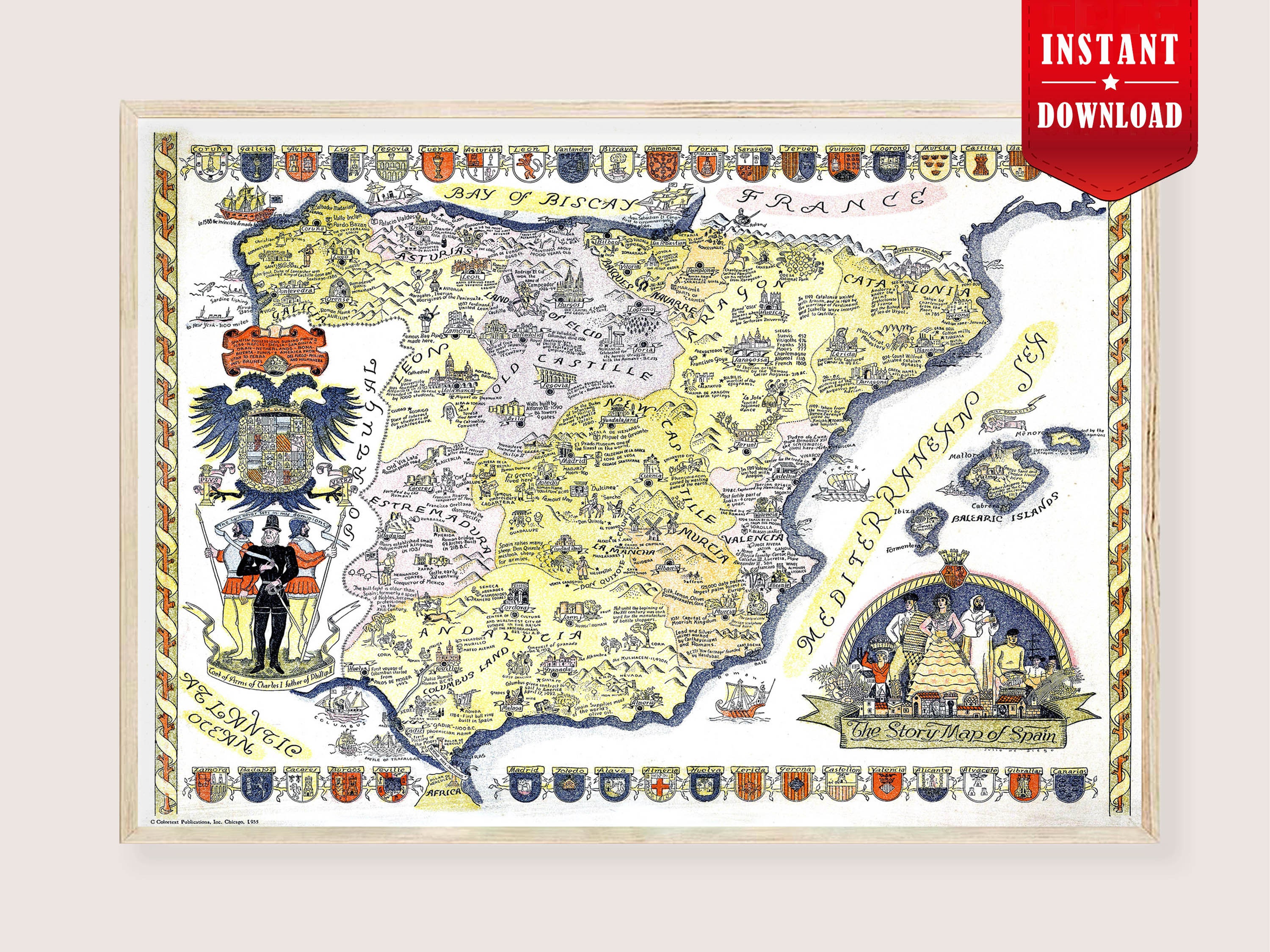 Spain 1935 Map Download - Large Map of Spain Wall Art Decor Vintage ...