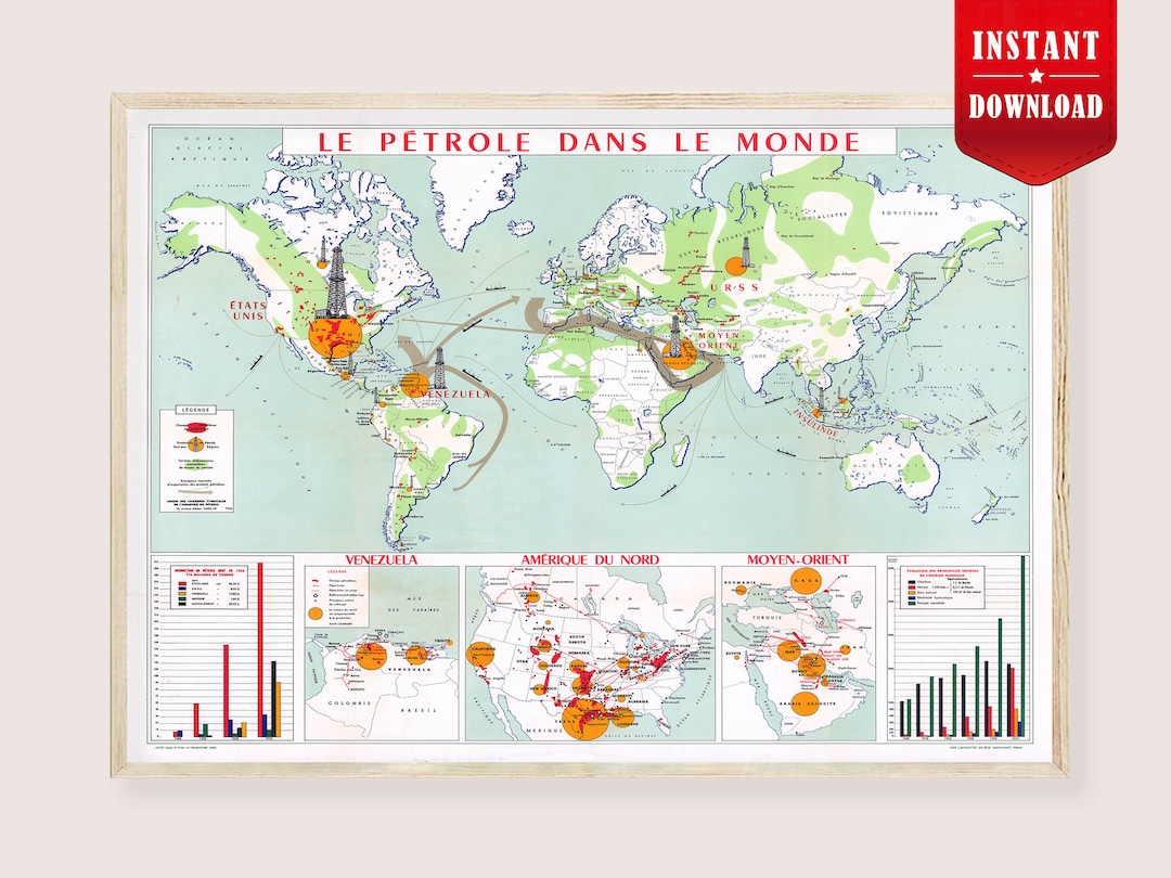 World Map Fossil Fuels Oil Print Vintage Map World Petroleum Poster ...
