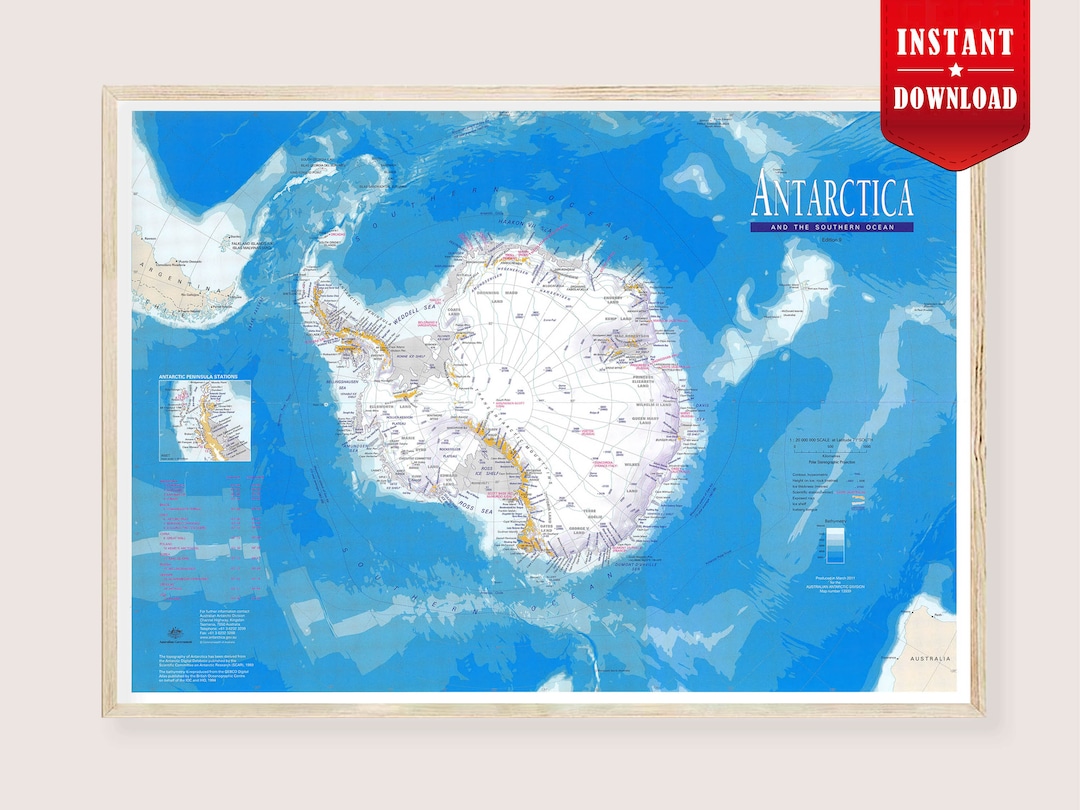 Antarctica Map Print Digital Antarktis South Pole Wall Art School ...