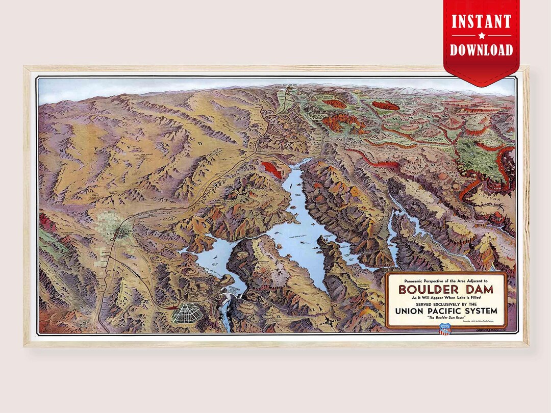 Boulder Dam Map Art Print Digital - US Map Boulder Dam Panoramic Print ...